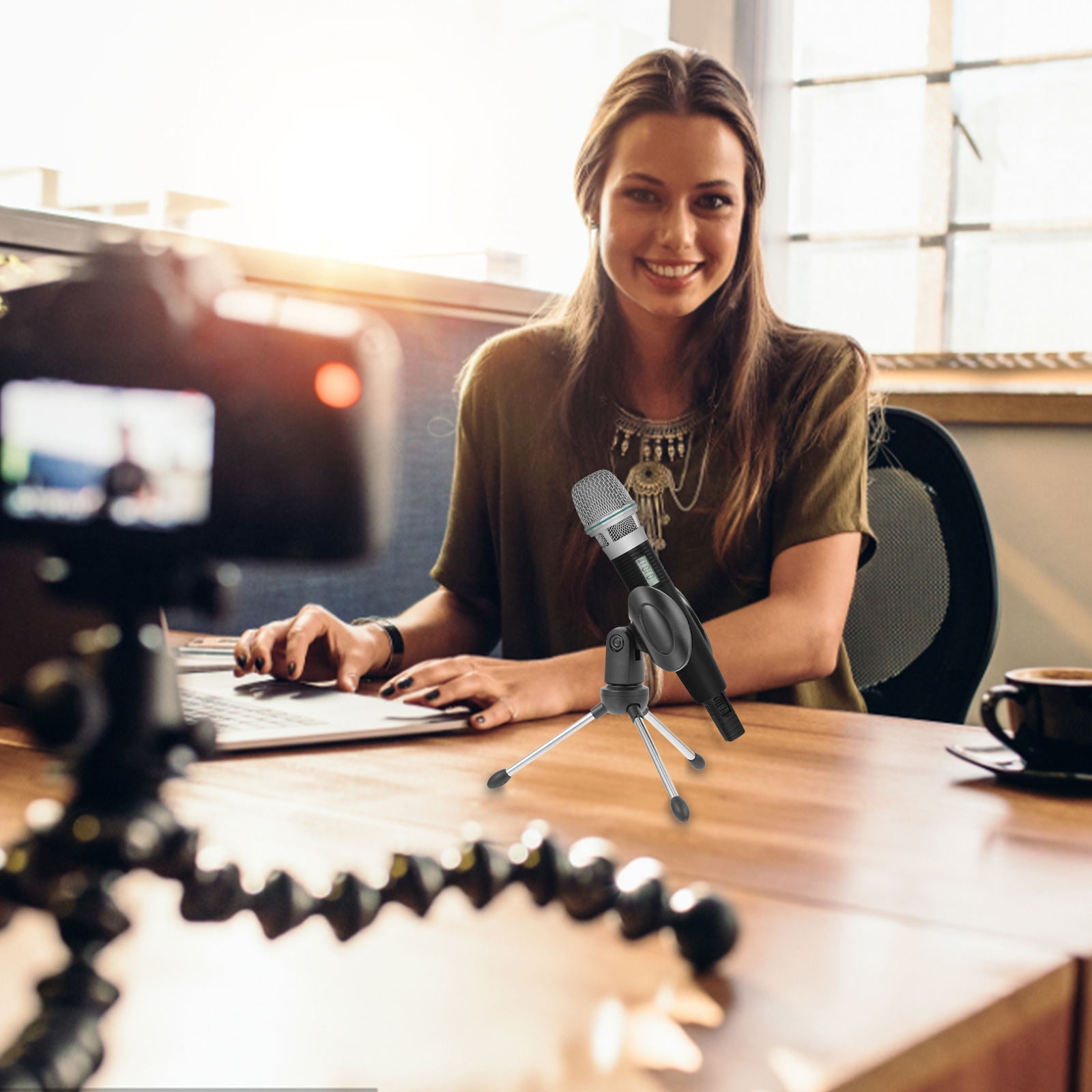 QIFULL 2Pcs Adjustable Black Desktop Microphone Stand Foldable Metal ...