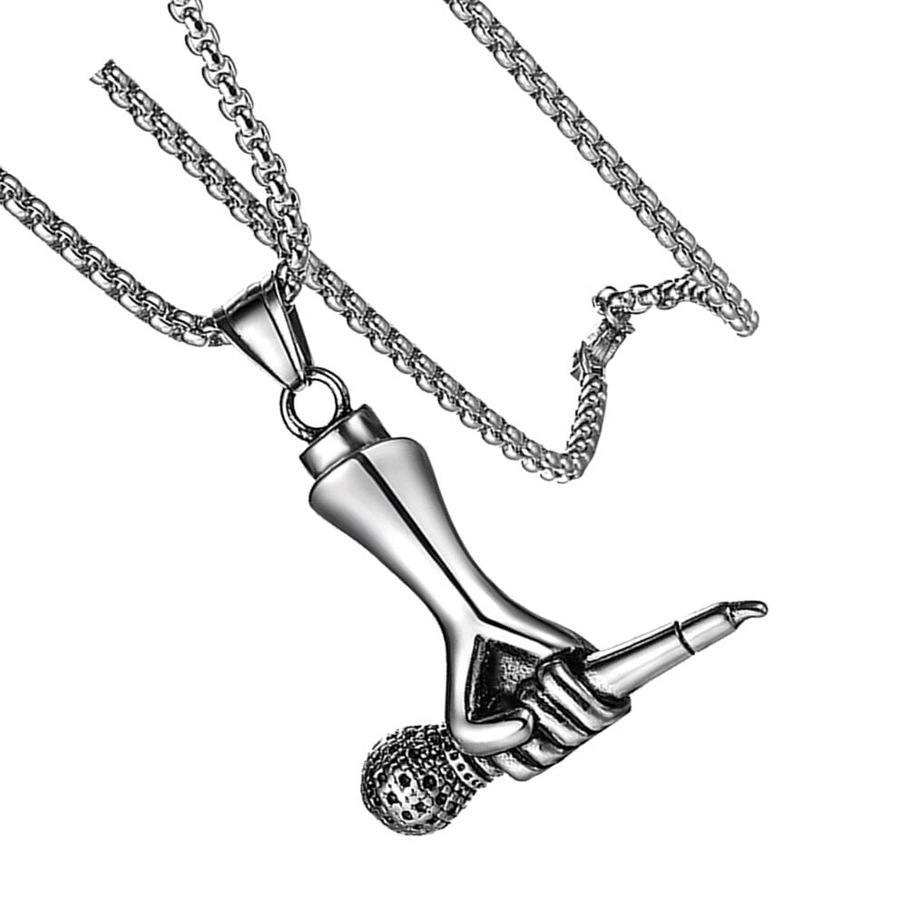 QIFULL Silver Microphone Pendant Necklace Titanium Steel 1Set 60x1.57in ...