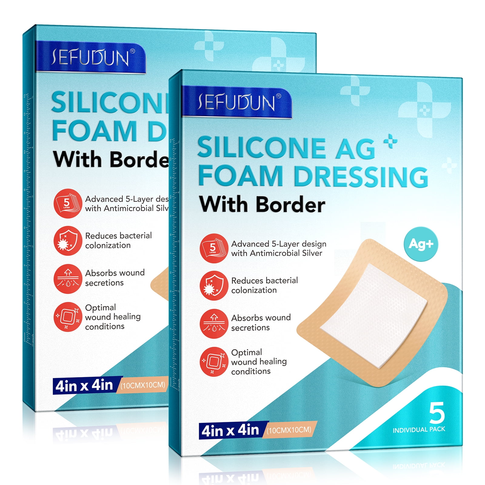 Silicone Ag Foam Dressing With Border 2 Pack Self-adhesive 4"x4 ...