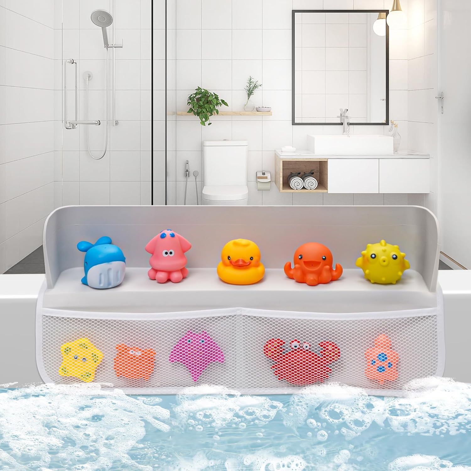 Silicone Bathtub Splash Guard, with 4 Mesh Bath Toy Storage Pockets, 8 ...