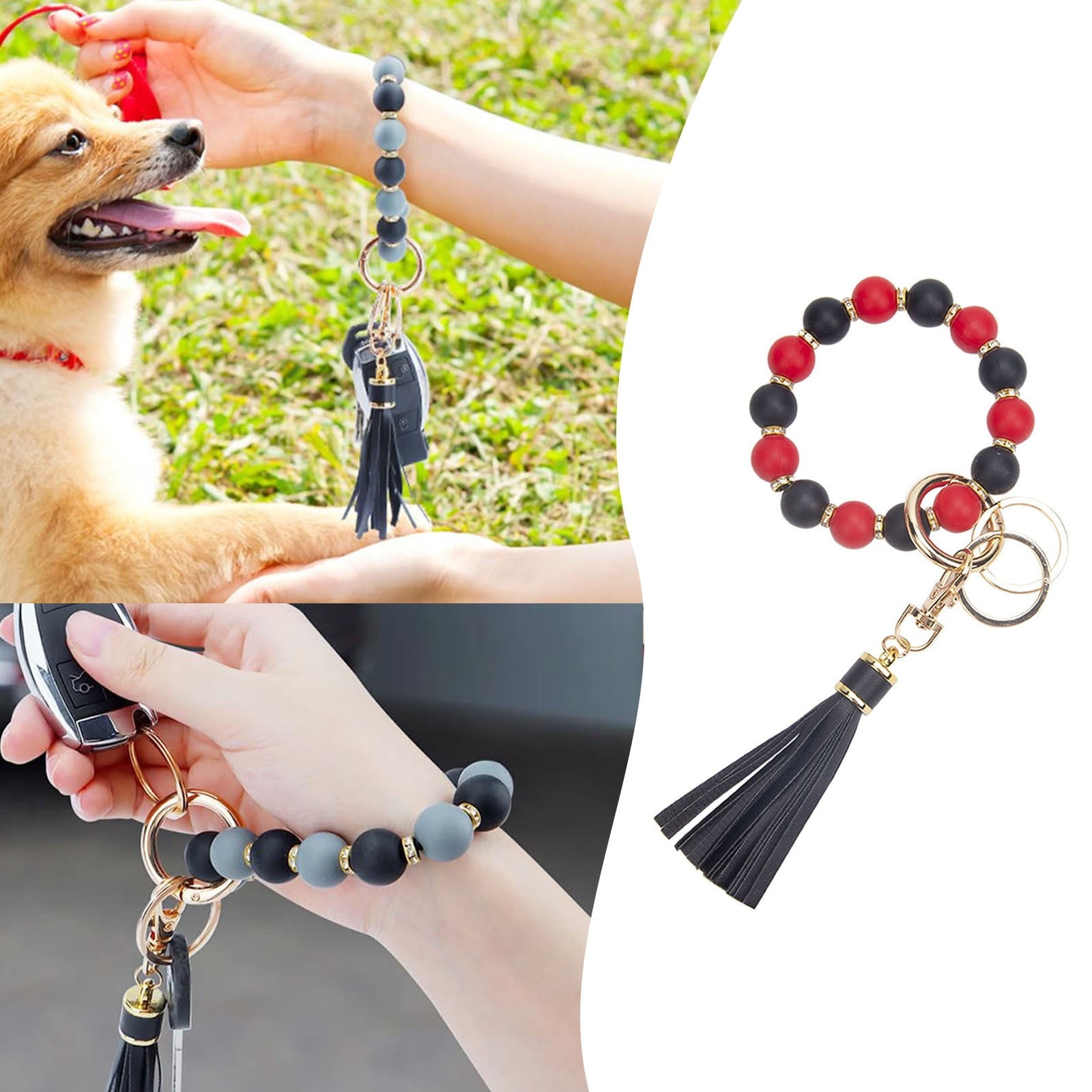 Silicone Beaded Bracelet Keychain with PU Tassel Wristlet Key Holder ...