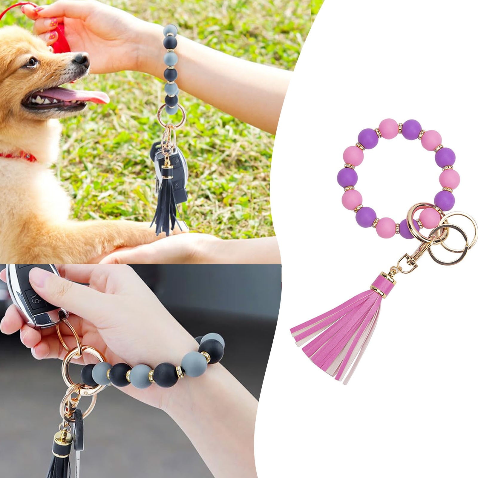 Silicone Beaded Bracelet Keychain with PU Tassel Wristlet Key Holder ...
