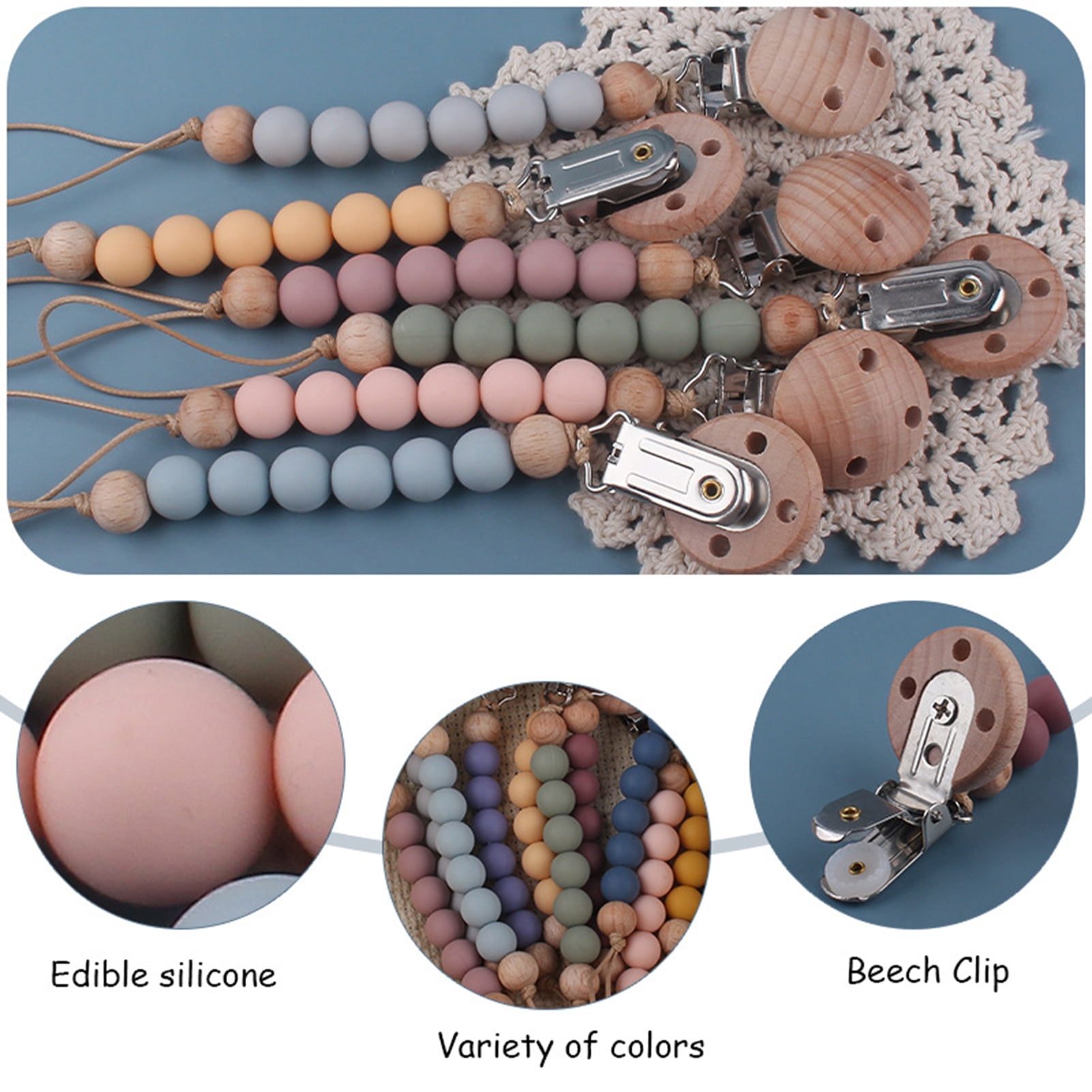 Silicone Beads Baby Pacifier Clip - Food Grade - BPA Free - Safe Beech ...