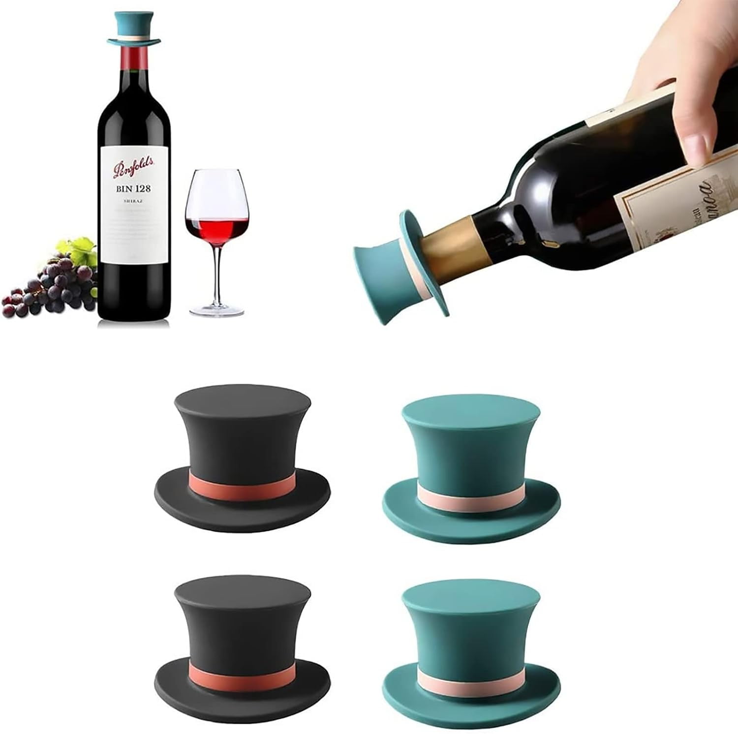 Silicone Bottle Stoppers, 2 Pcs Funny Top Hat Bottle Stopper,Wine ...