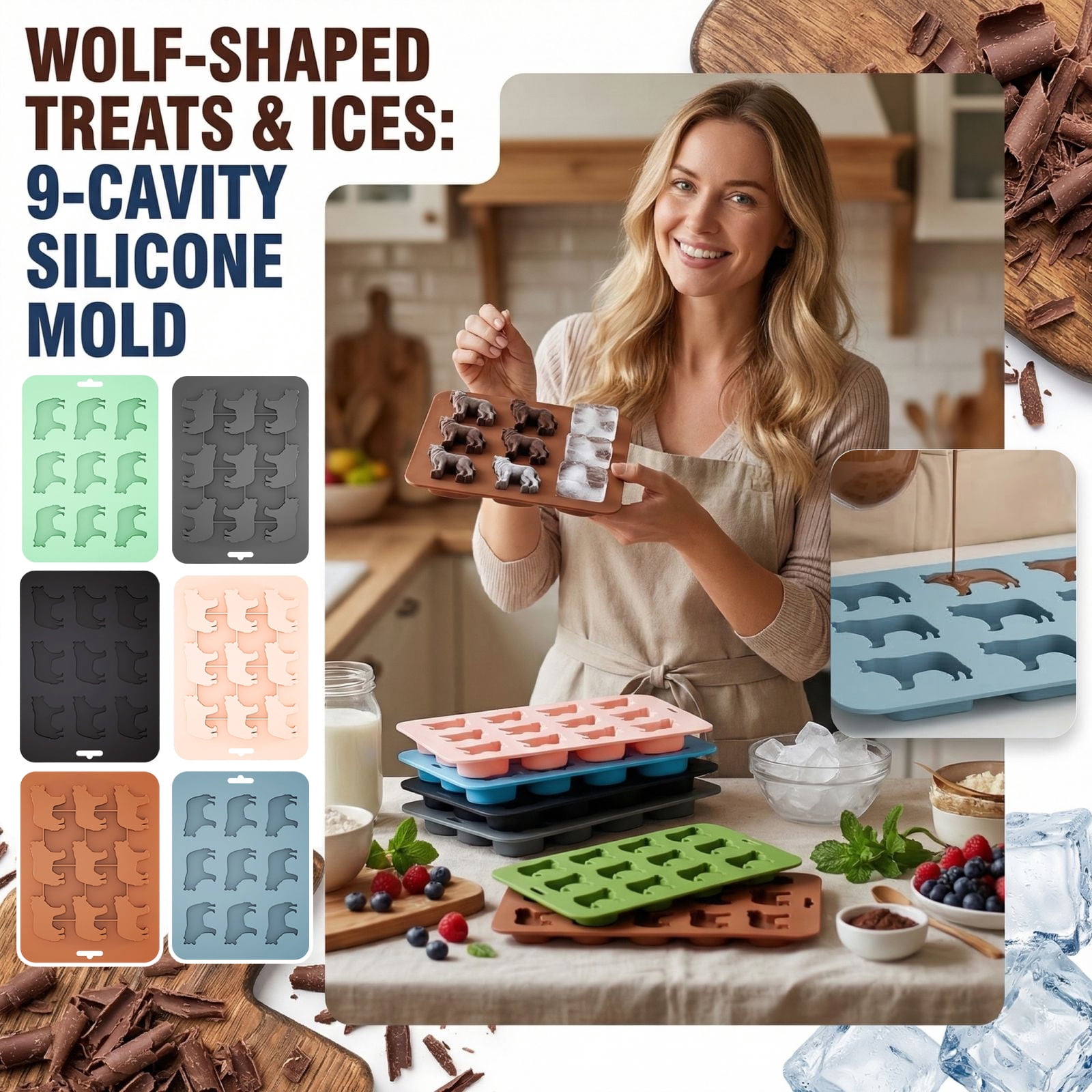 Silicone Chocolate Mold, 9-Cavity Wolf Shape Silicone Tray, Non-Stick ...