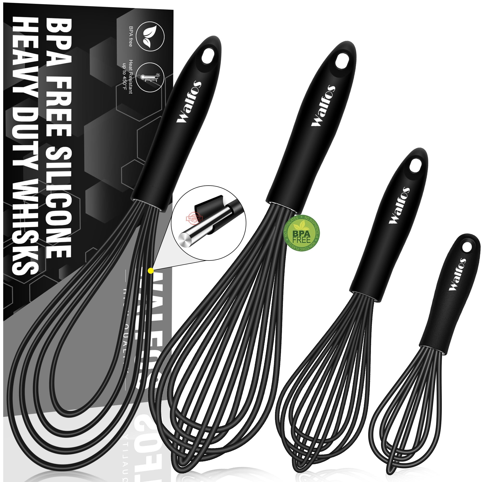 Non Scratch Silicone Coated Whisks Set, 4 Piece Kitchen Whisk for ...