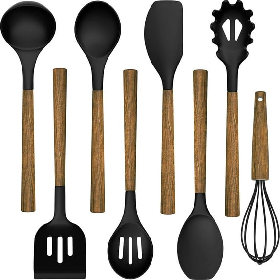 Silicone Cooking Utensil Set, 8-Piece Kitchen Utensils Set with Natural ...