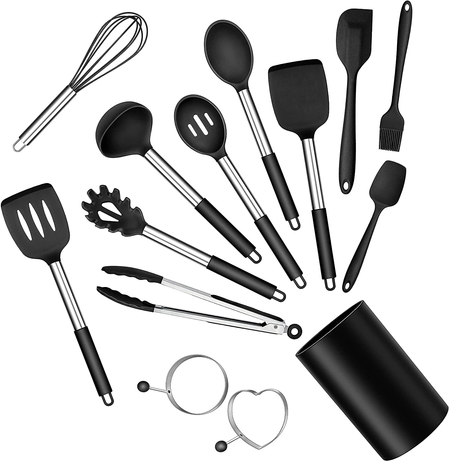 Silicone Cooking Utensils Set,14-Piece Black Kitchen Utensils Set with ...