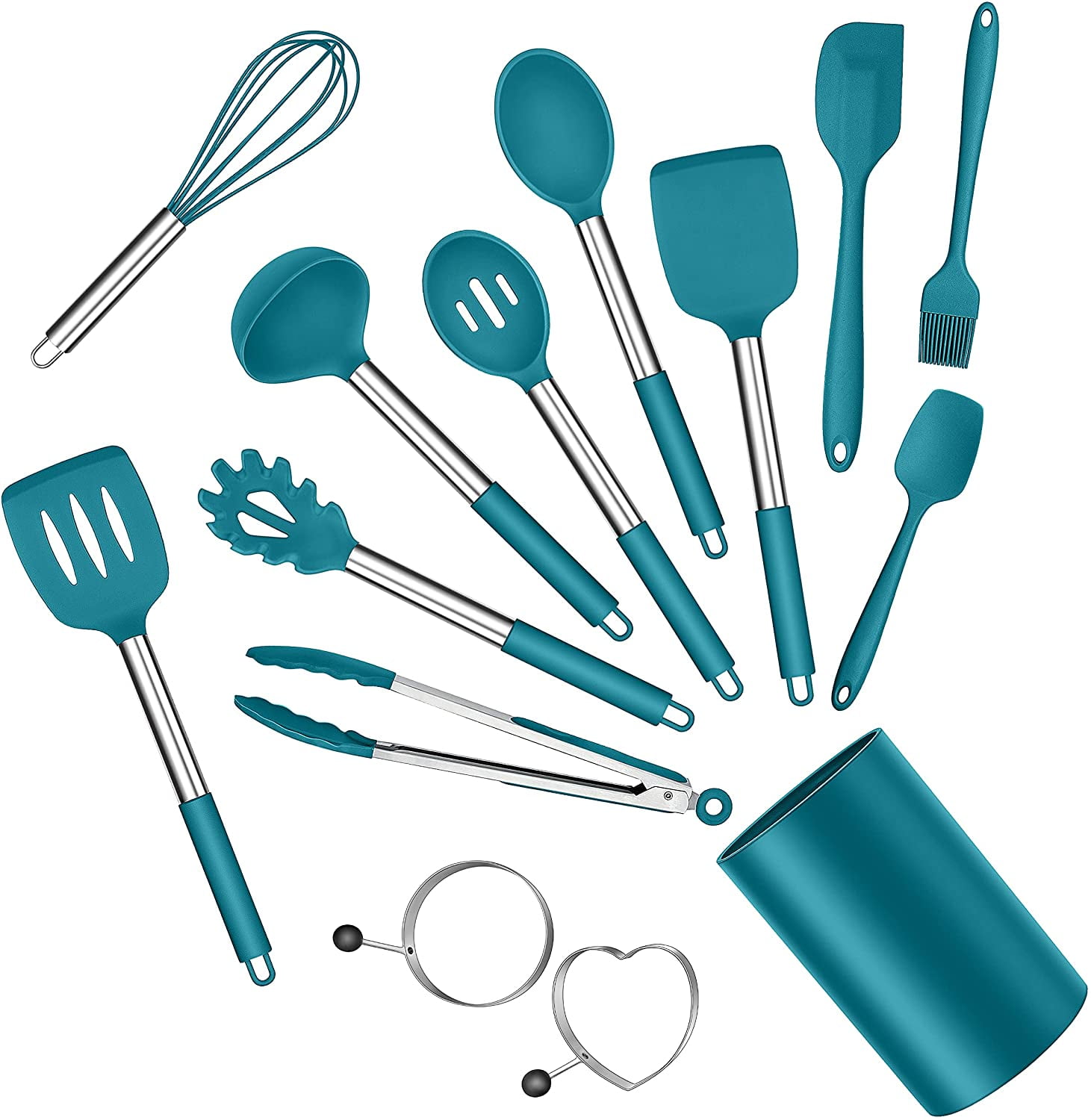 Silicone Cooking Utensils Set,14-Piece Blue Kitchen Utensils Set with ...
