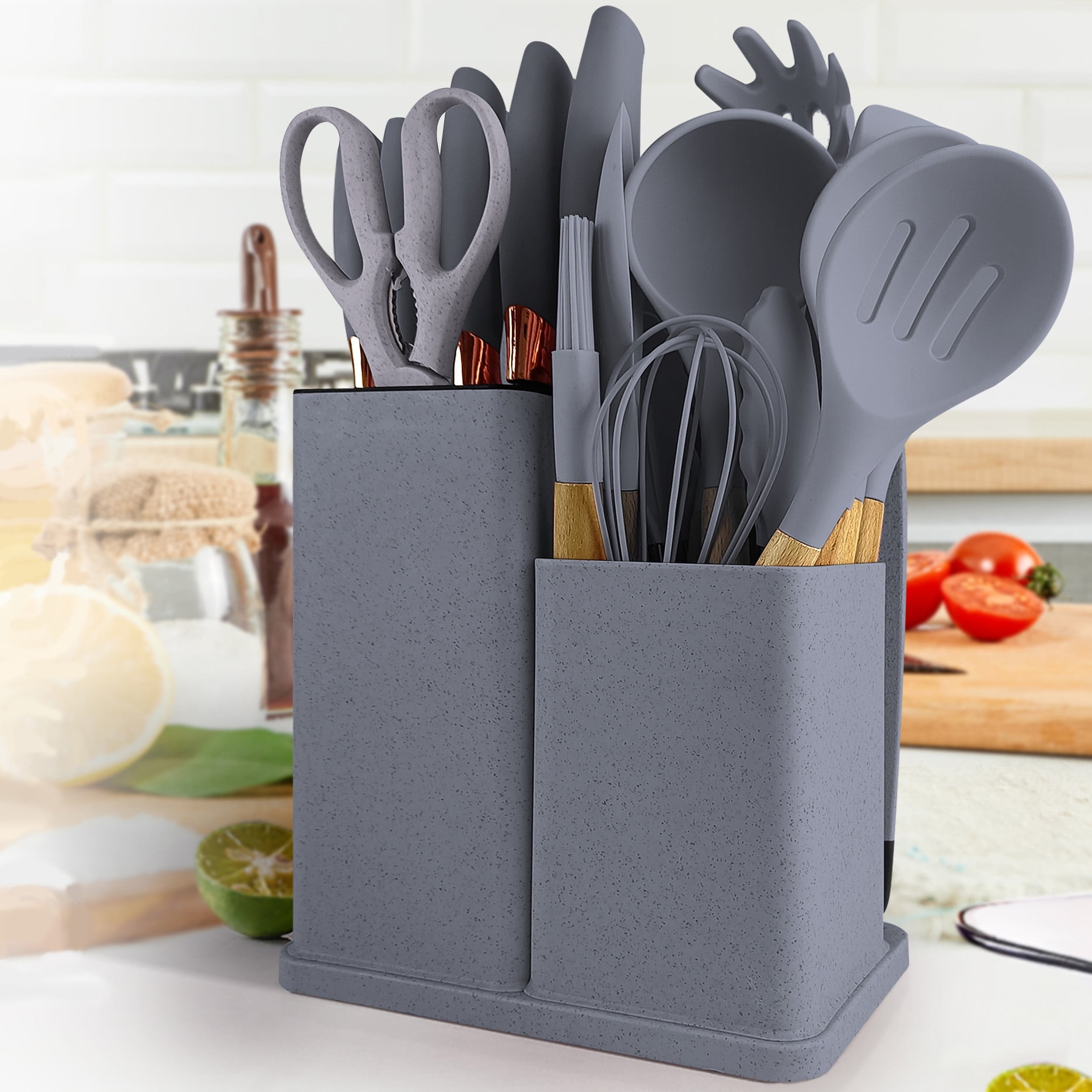 Home Shark Silicone Cooking Utensils Set - 19 Piece Heat Resistant Gray ...