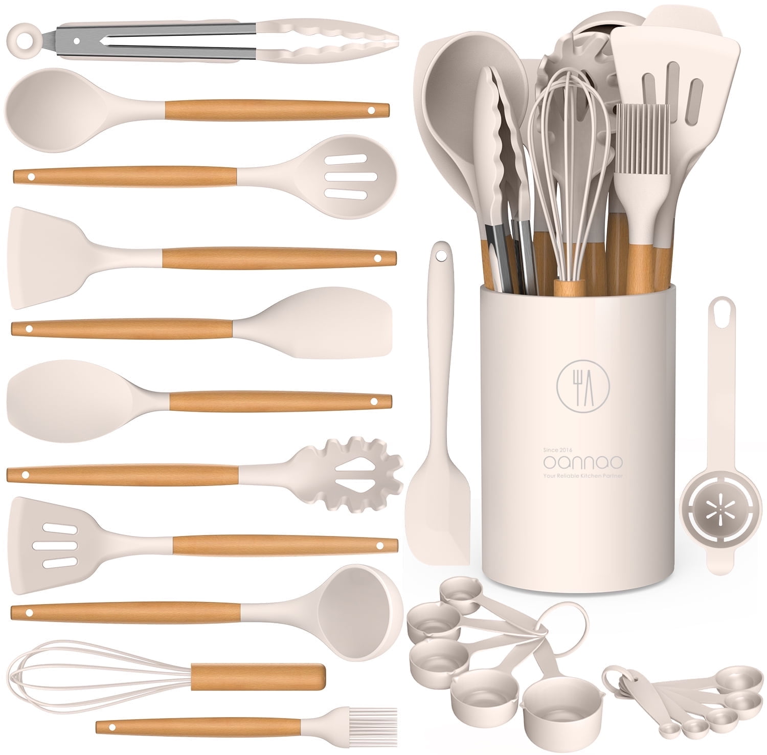 oannao Silicone Cooking Utensils Set Durable Kitchen Tools with Wooden ...
