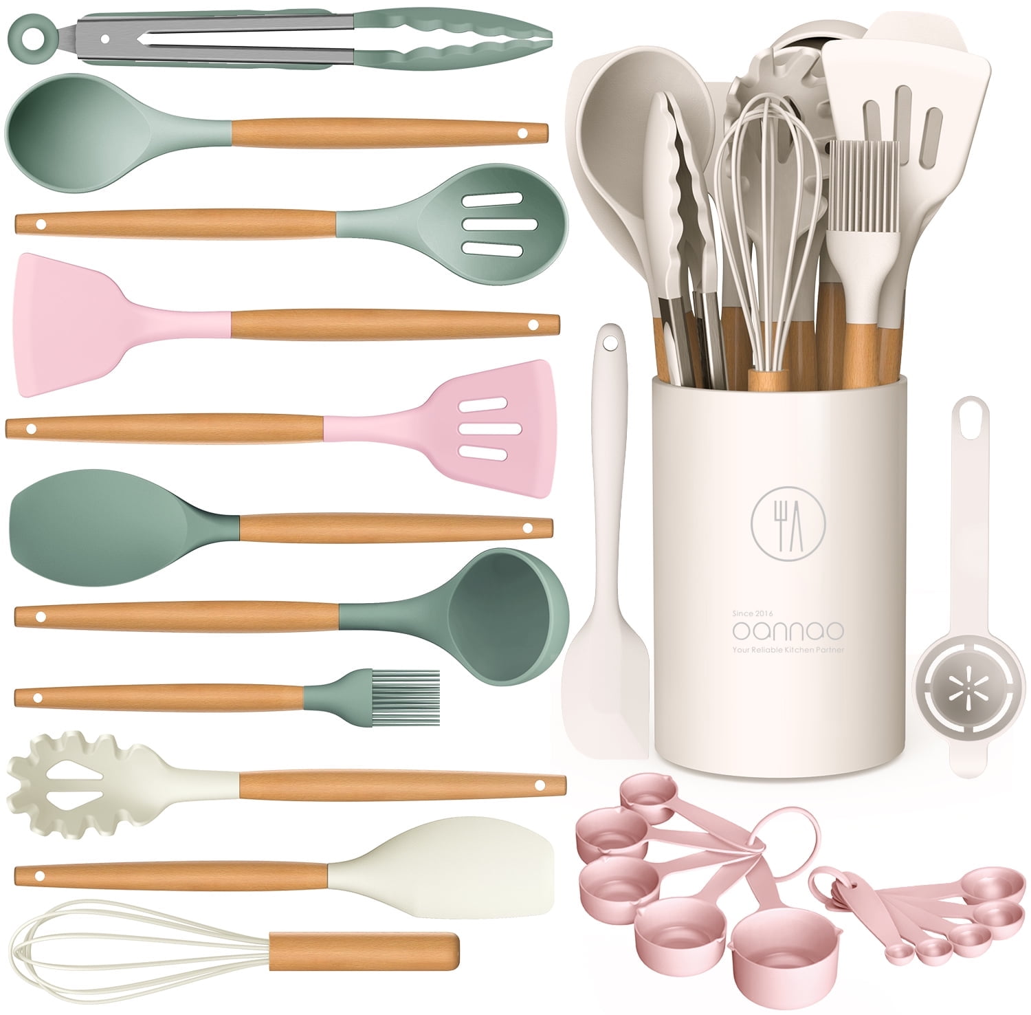oannao Silicone Cooking Utensils Set, Heat Resistant with Wooden ...