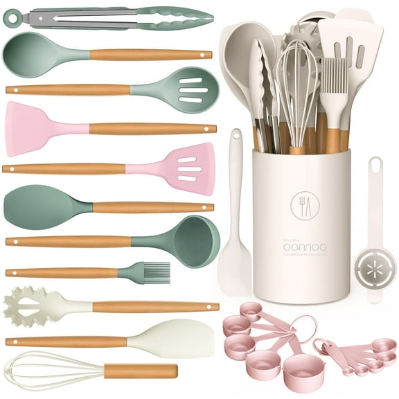 Silicone Cooking Utensils Set - Kitchen for Wooden Handles, 446°F Heat ...