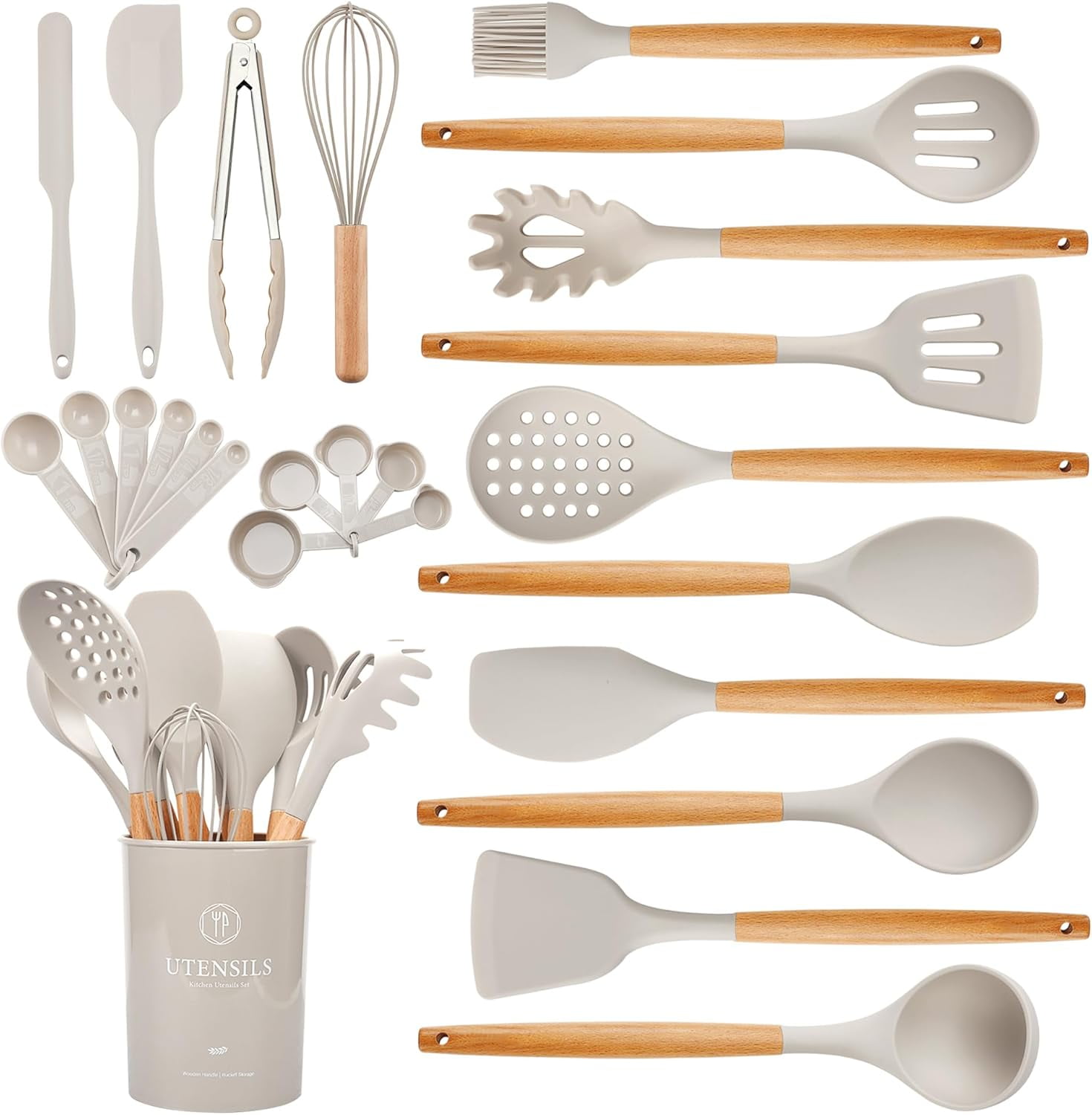 Silicone Cooking Utensils Set with Wooden Handle, 26 Pieces Heat ...