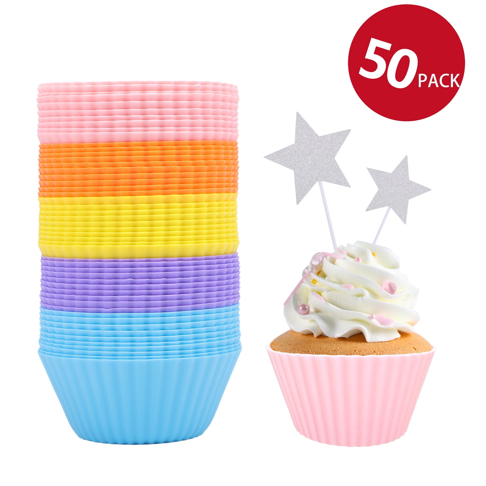 Silicone Cupcake Baking Cups 50 Pack, Reusable, Non-Stick, Easy Clean ...