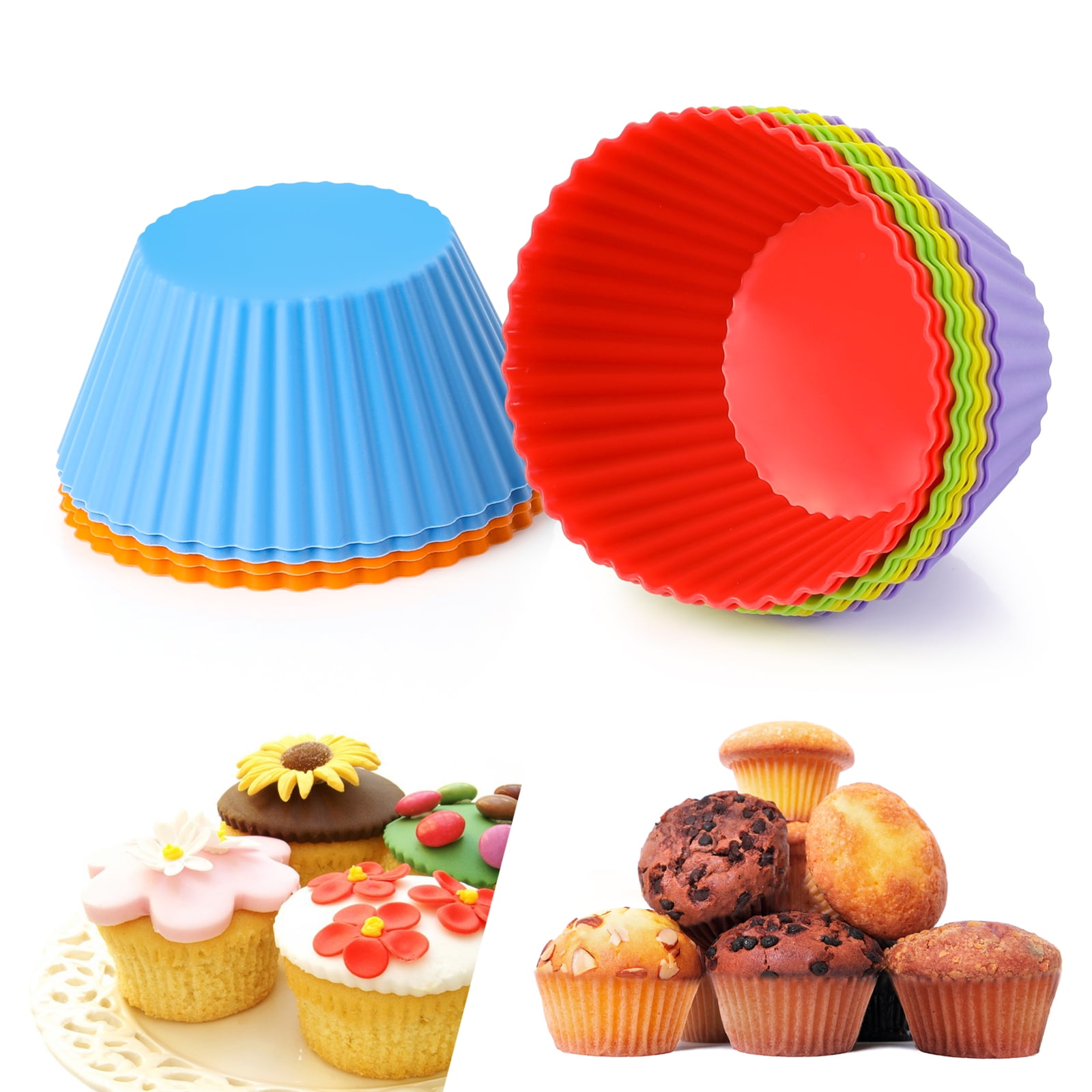Silicone Cupcake Molds- 12 Pack Reusable Baking Muffin Cups, Non-Stick Cup Cake Molder ...