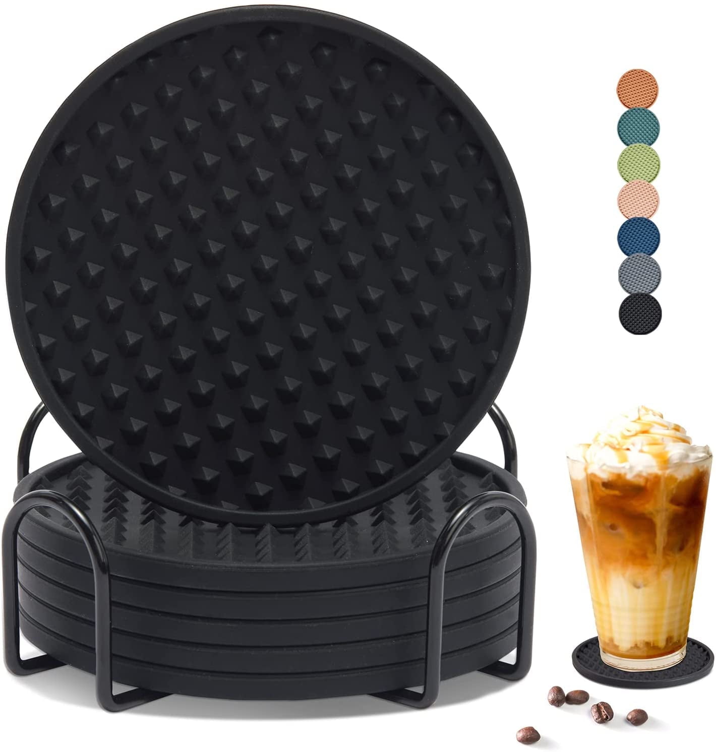 Silicone Drink Coasters Set of 6 in Holder, Cup Coaster for Drinks Deep ...