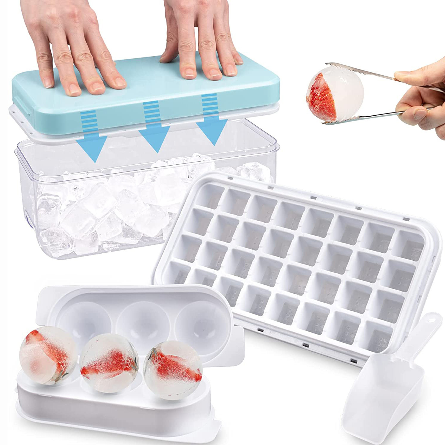 Silicone Ice Cube Tray Freezer with Lid and Bin, Ice Cube Mold, 32 ...