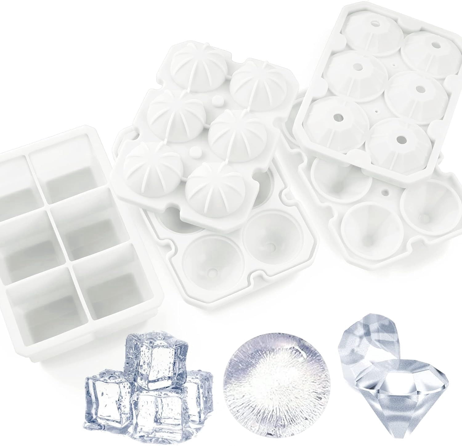 Silicone Ice Cube Trays Square Sphere Diamond Shape 3 Pack, White ...