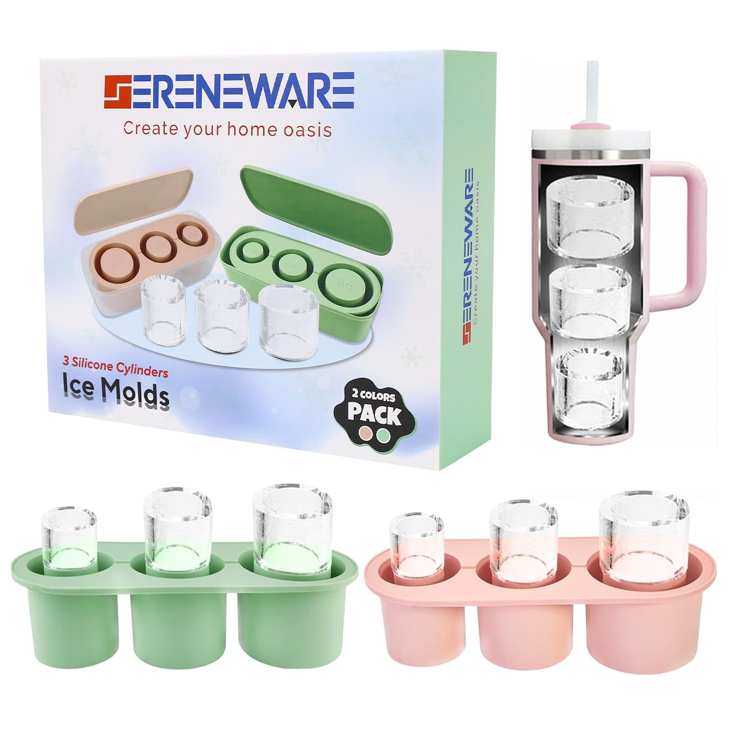 Silicone Ice Mold for Stanley with Tray and Lid - 2 Color Pack (Pink ...