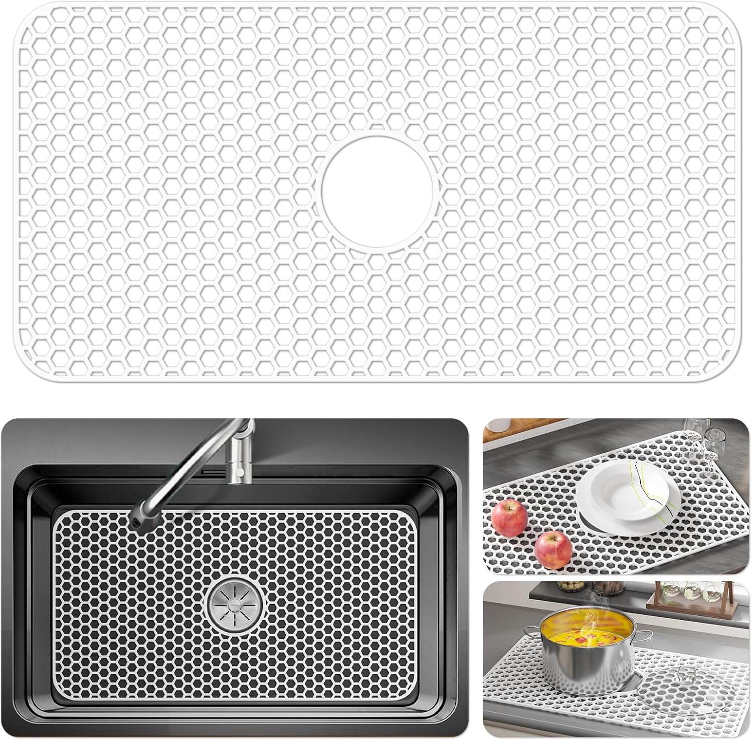 Silicone Kitchen Sink Protector Mat, 29.7" x 15.5" with Center Drain ...