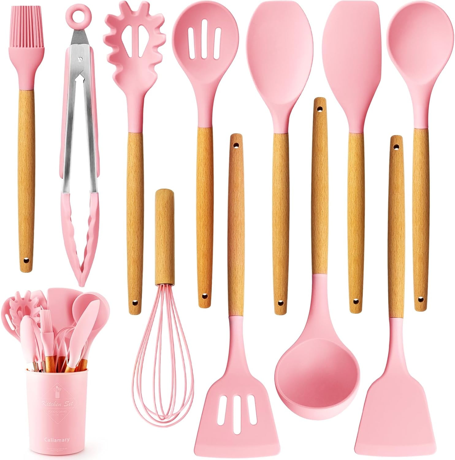 Silicone Kitchen Utensil Set, 11 Pieces Cooking Utensil with Wooden ...