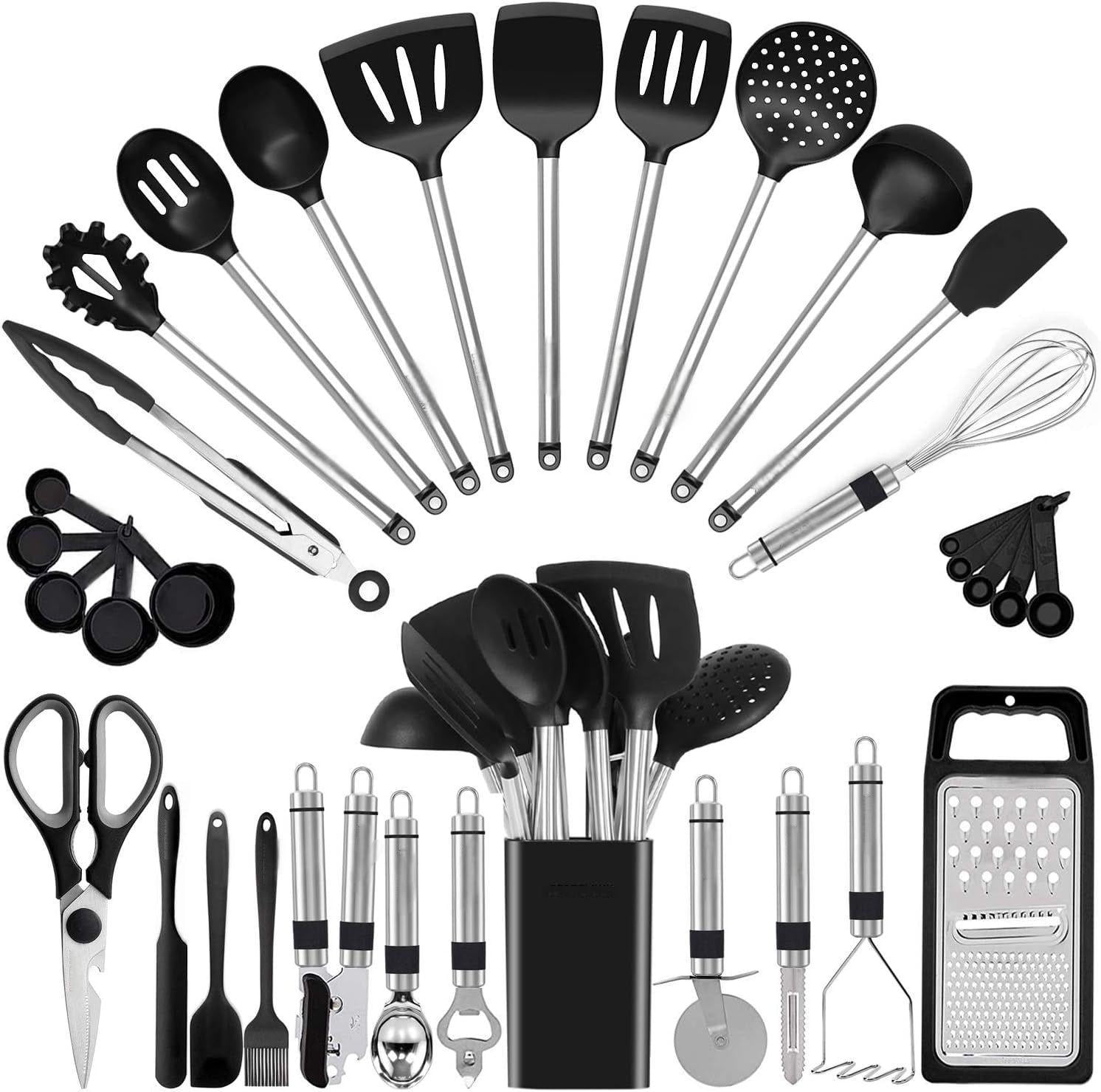 Silicone Kitchen Utensil Set - 33 Piece - Nonstick Cookware Safe - Heat ...