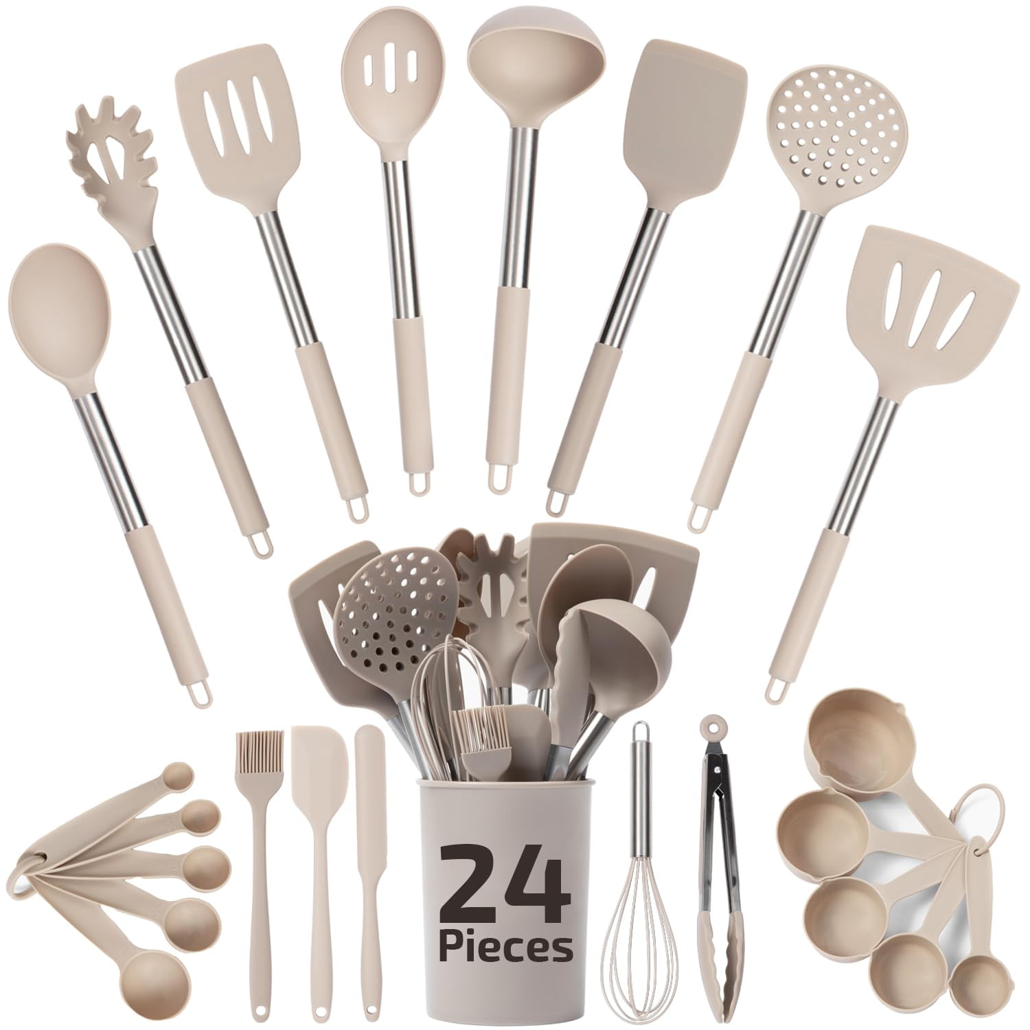 Silicone Kitchen Utensils Set - Culinary Couture 24-Pieces Khaki ...