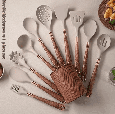 Silicone Kitchenware Set 11-piece Gold-plated Wood Grain Handle Non ...