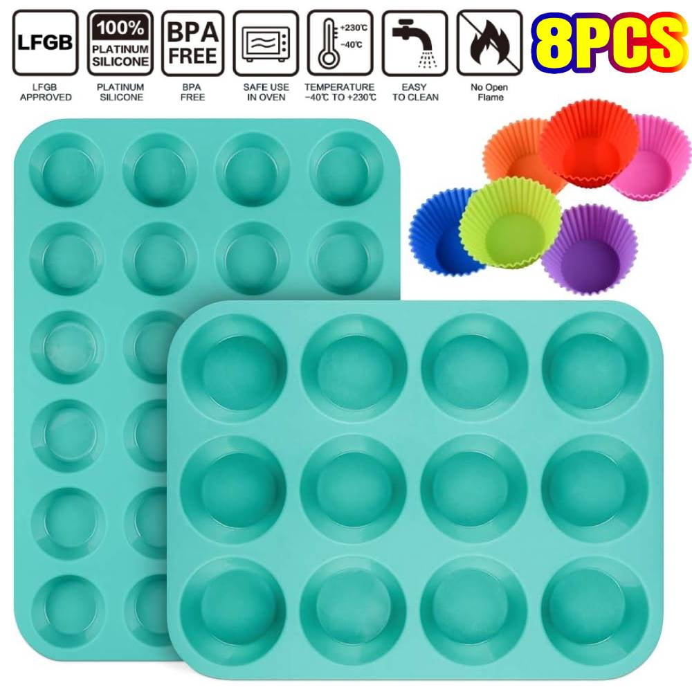 Silicone Muffin Pan Cupcake Pan Set - Mini 24 Cups and Regular 12 Cups ...