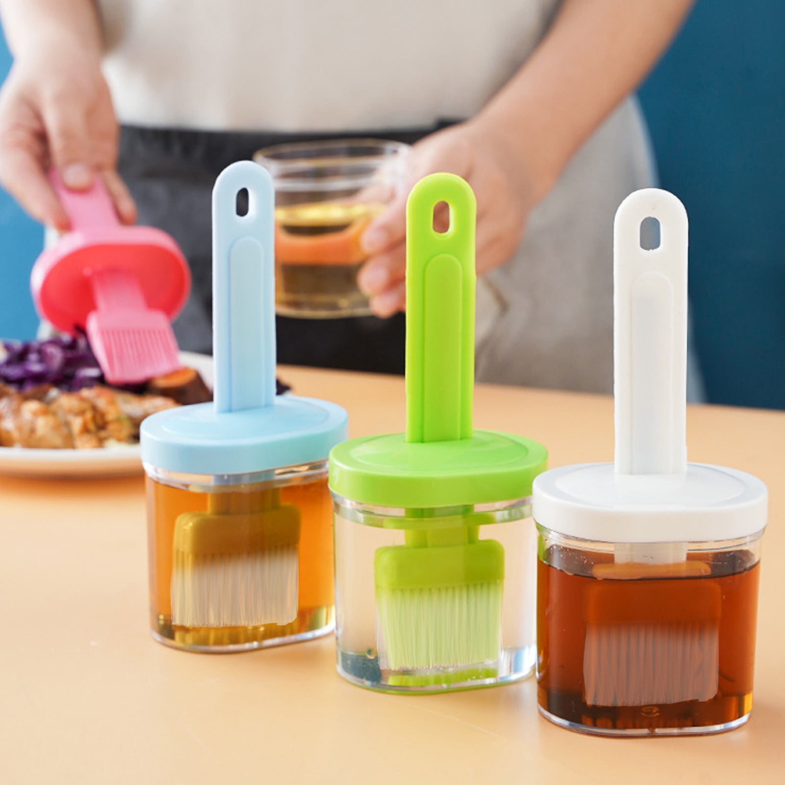Silicone Oil Brush Bottle Set, 2 in 1 Wide Opening Seasoning Container ...