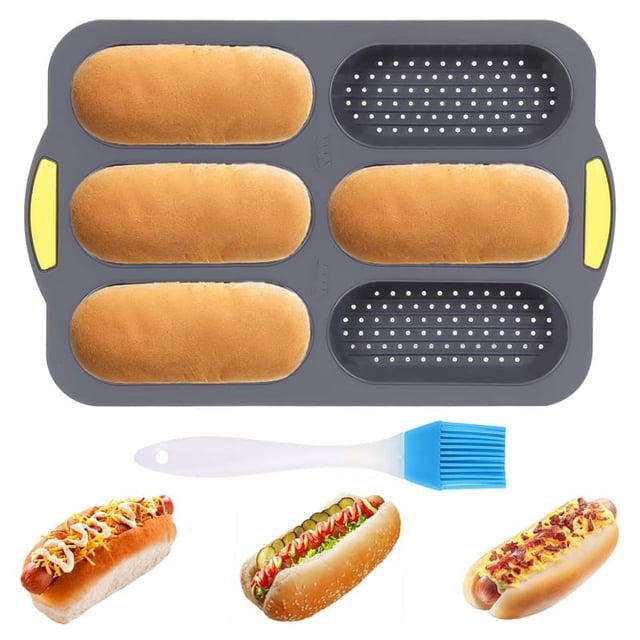 Silicone Pan, Hot Dog Bun Pan with Oil Brush,6 Gutter Nonstick French ...