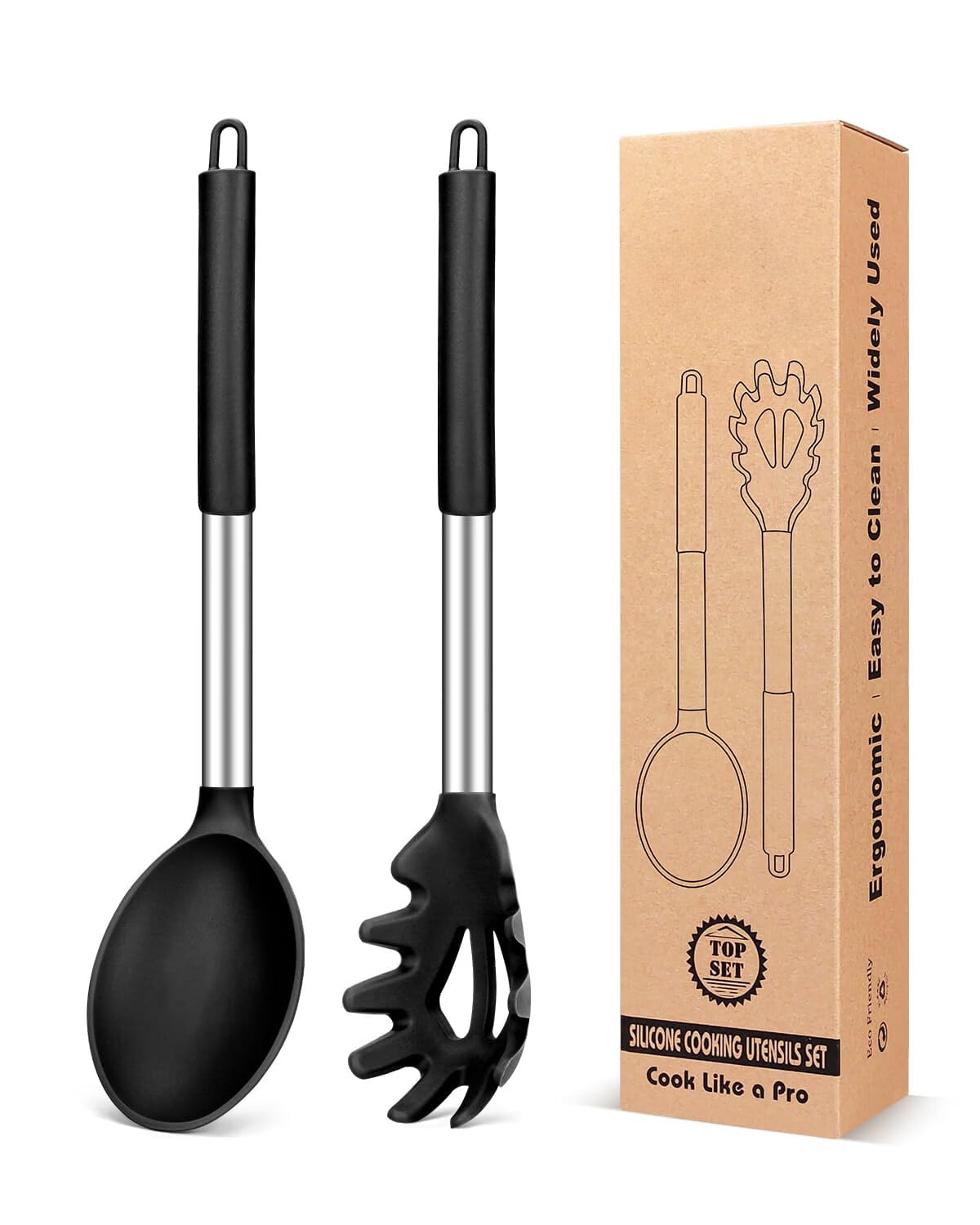 Silicone Pasta Fork and Cooking Spoon Set, Non Stick Kitchen Utensils ...