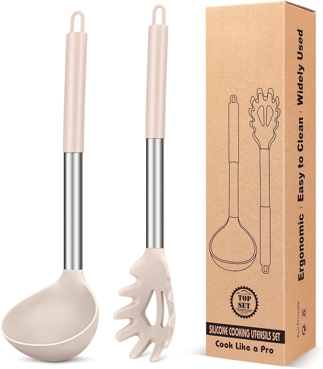Silicone Pasta Fork and Ladle Spoon Set, Large Non Stick Kitchen ...