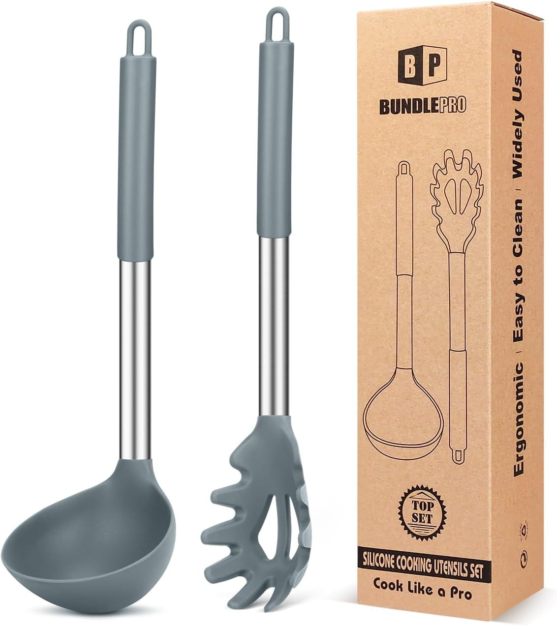 Silicone Pasta Fork and Ladle Spoon Set, Large Non Stick Kitchen ...