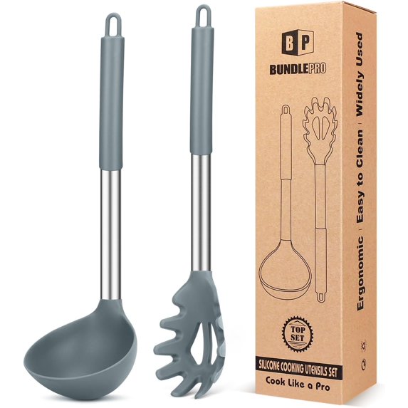 Silicone Pasta Fork and Ladle Spoon Set, Large Non Stick Kitchen ...