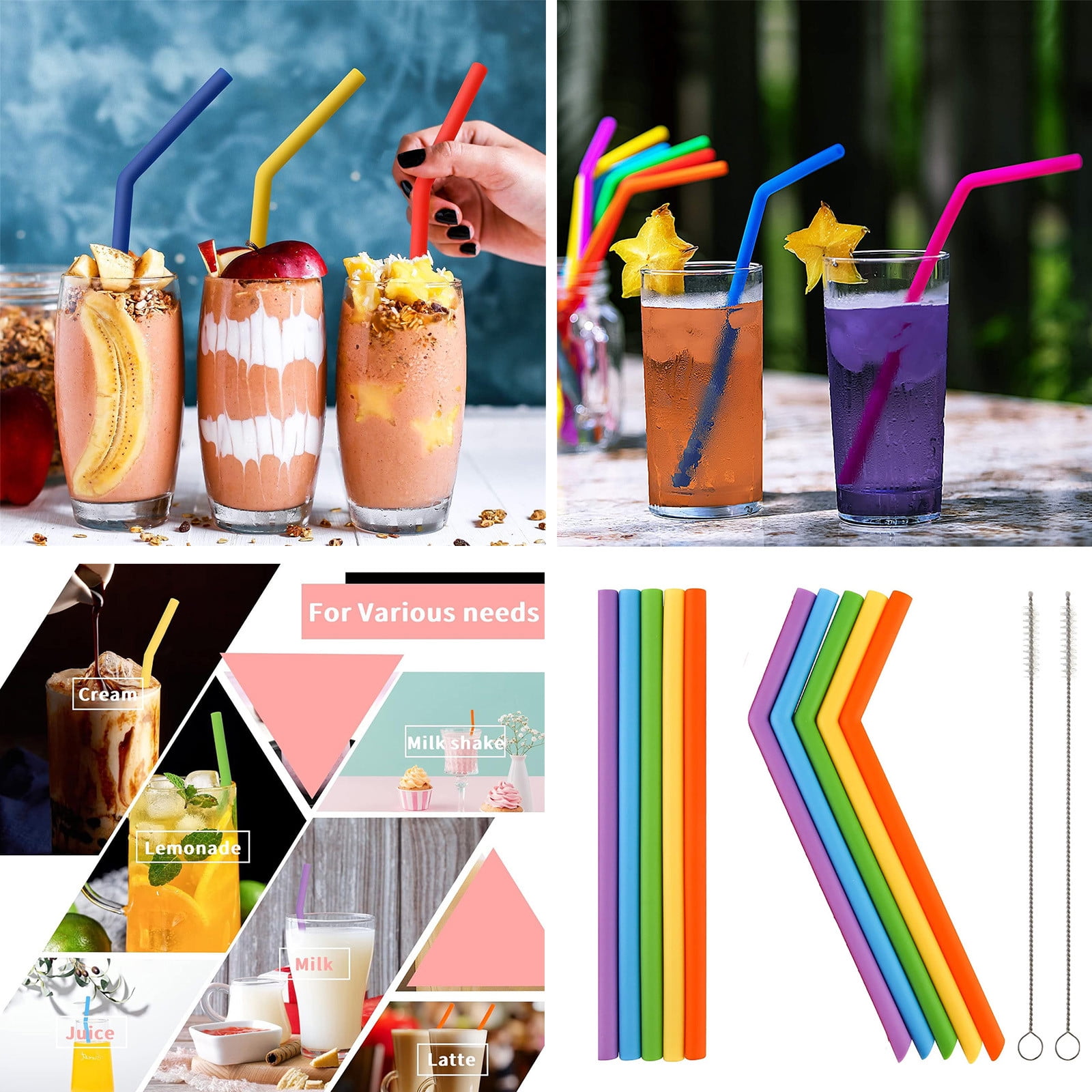 Silicone Reusable Drinking Straws Set | Curved Foldable Colored Straws ...