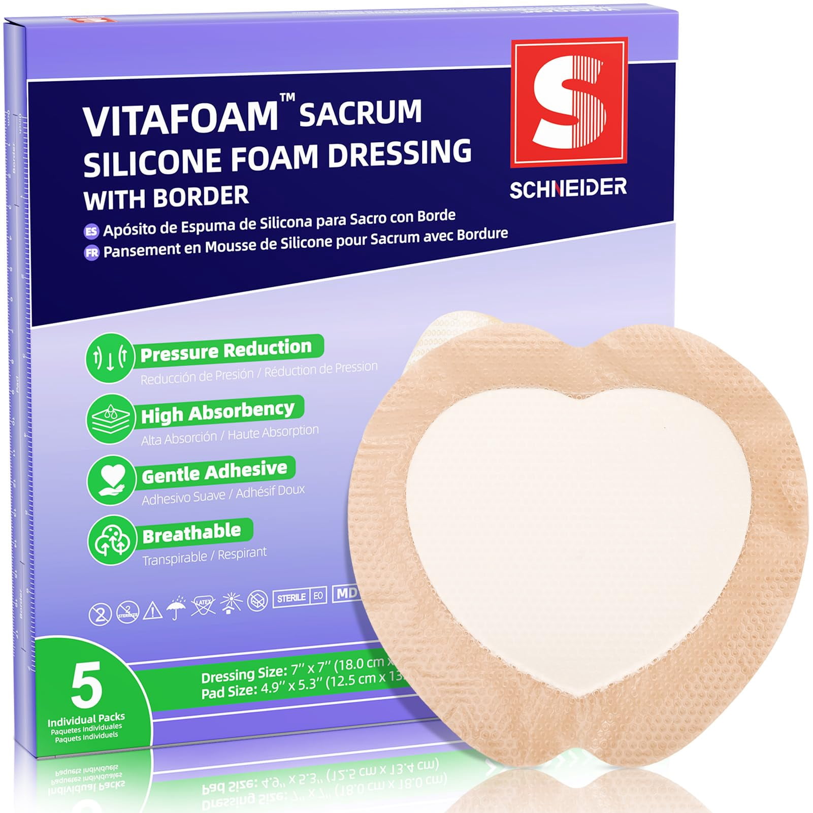 Silicone Sacrum Foam Dressing 7" x 7" with Border, High Absorbency ...