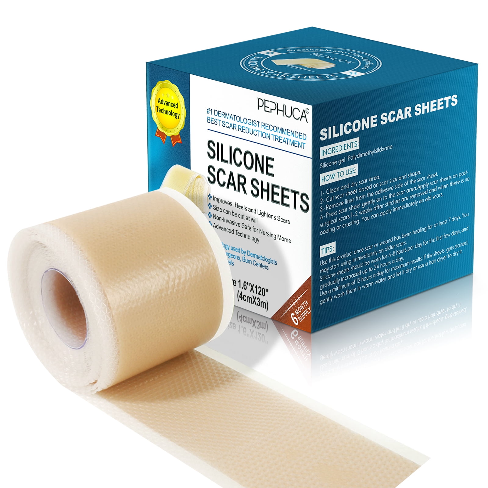 PEPHUCA Silicone Scar Sheets, 1.6” x 120” Roll, Reusable for C-Section ...
