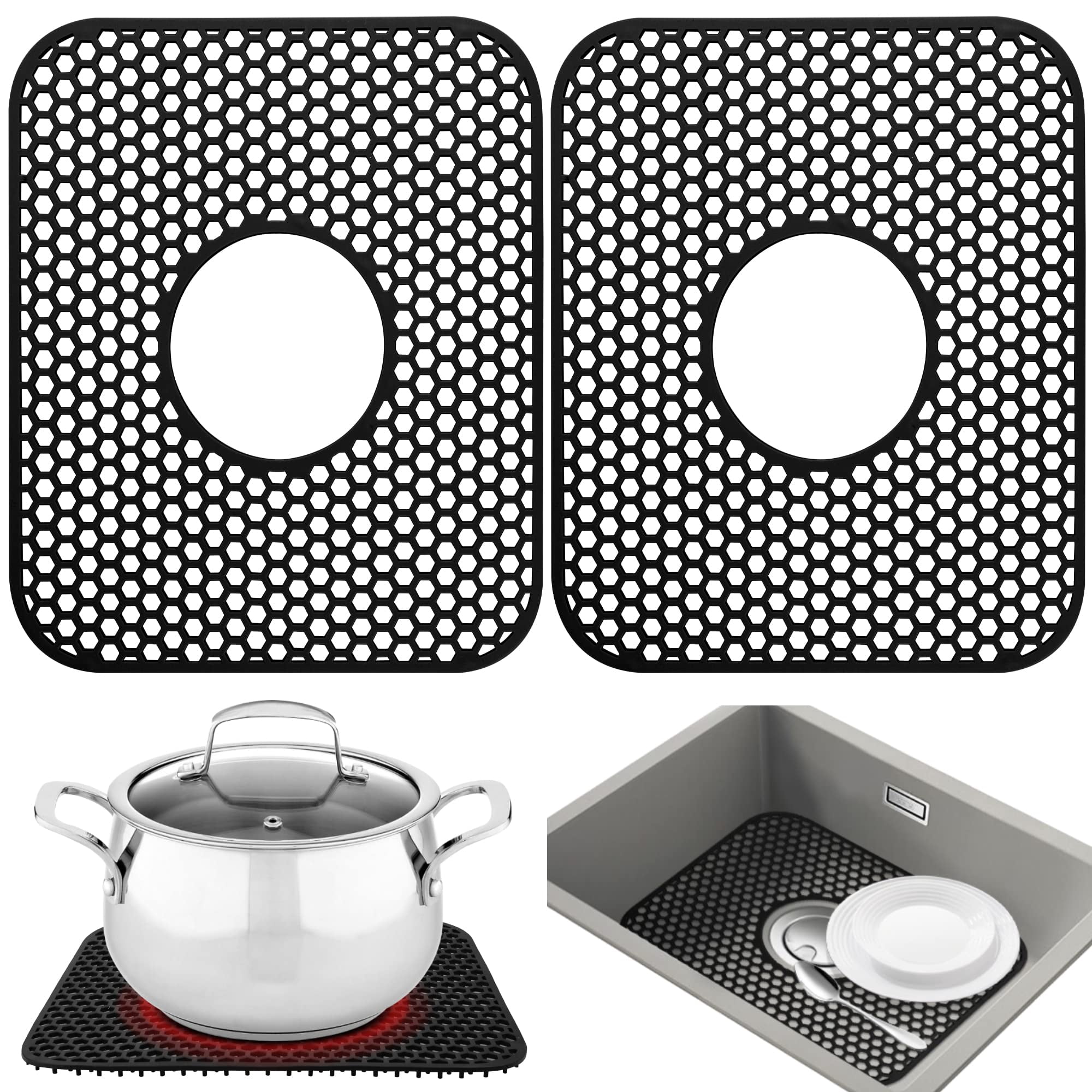 Silicone Sink Mats 13.58"x 11.6"-Ceter Drain(Black) 2-Pack Kitchen Sink ...
