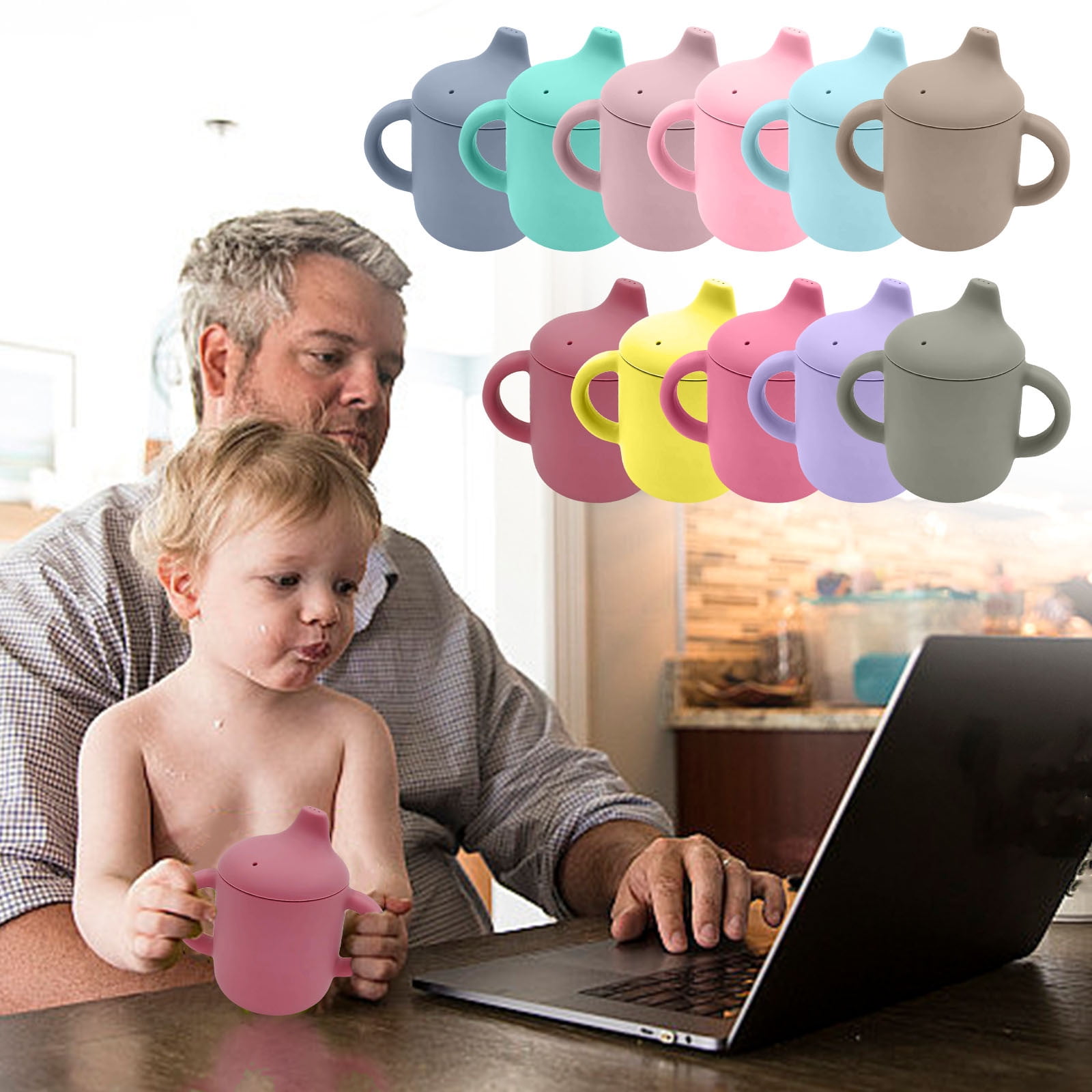 Silicone Sippy Cups, Food Grade Training Cups with Lids Grip Handle Leak Proof Spill Proof ...