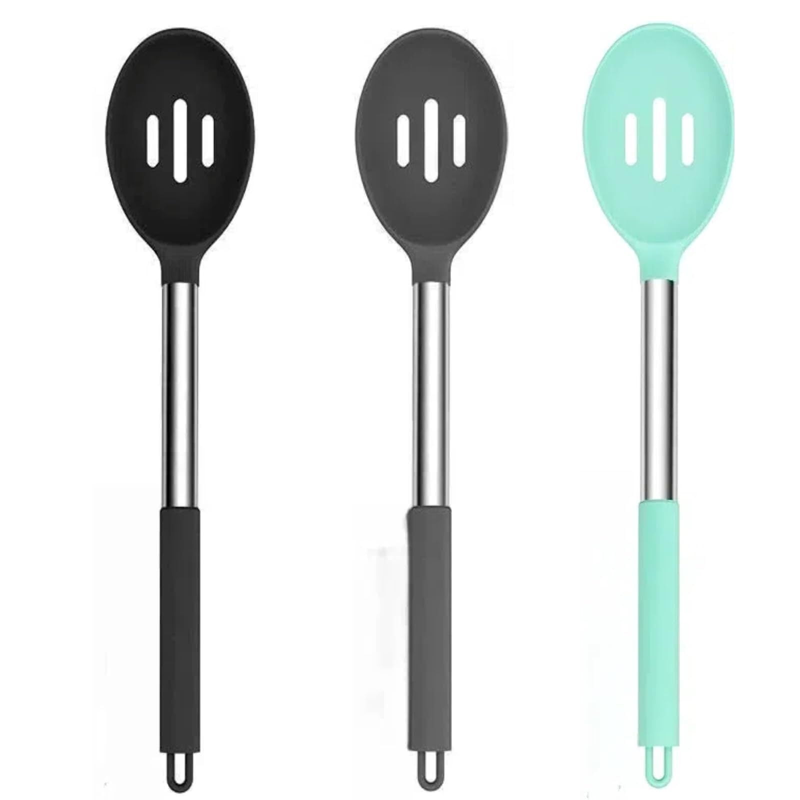Silicone Slotted Cooking Spoon Set (13.2"), 3-Pack Large Stainless ...