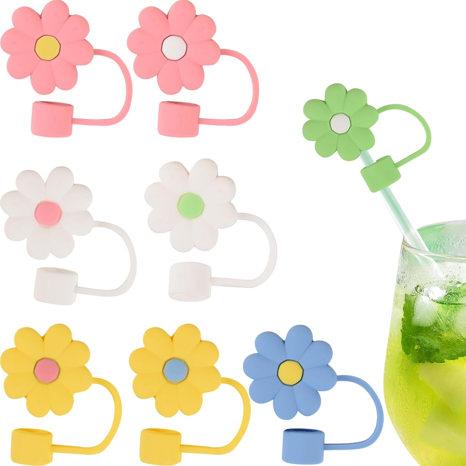 Silicone Straw Covers Cap for Stanley Cup 8PCS, Cute Silicone Daisy ...