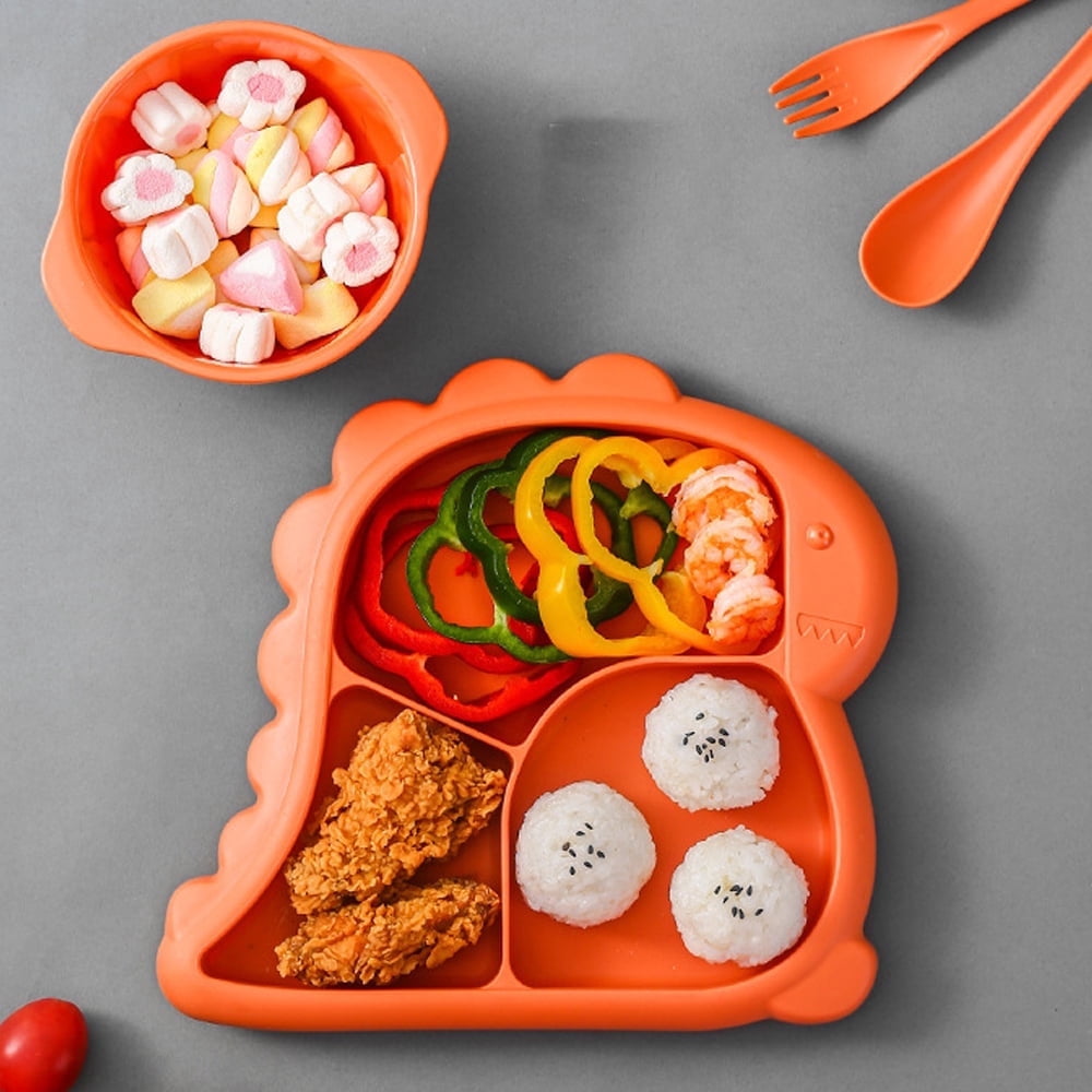 Silicone Toddler Plates with Spoon Fork Bowl set, Baby Divided ...