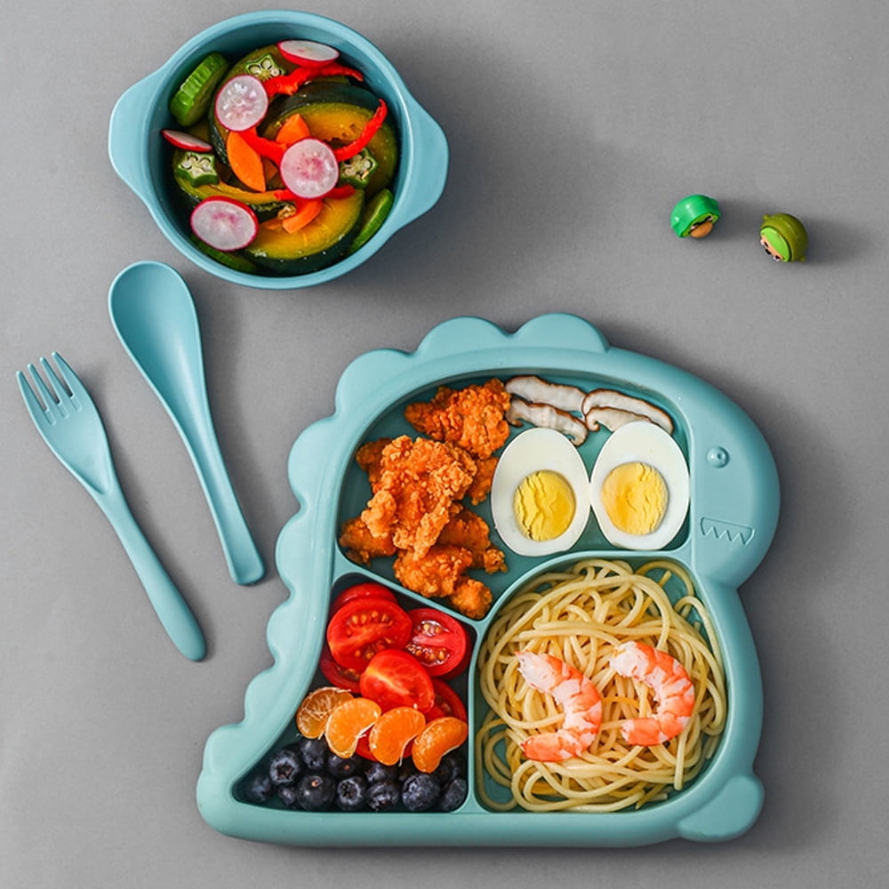 Silicone Toddler Plates with Spoon Fork Bowl set, Baby Divided ...