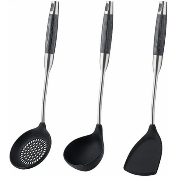 Silicone Wok Spatula,Ladle,Skimmer Tool Set - Stainless Steel Wok Tools ...