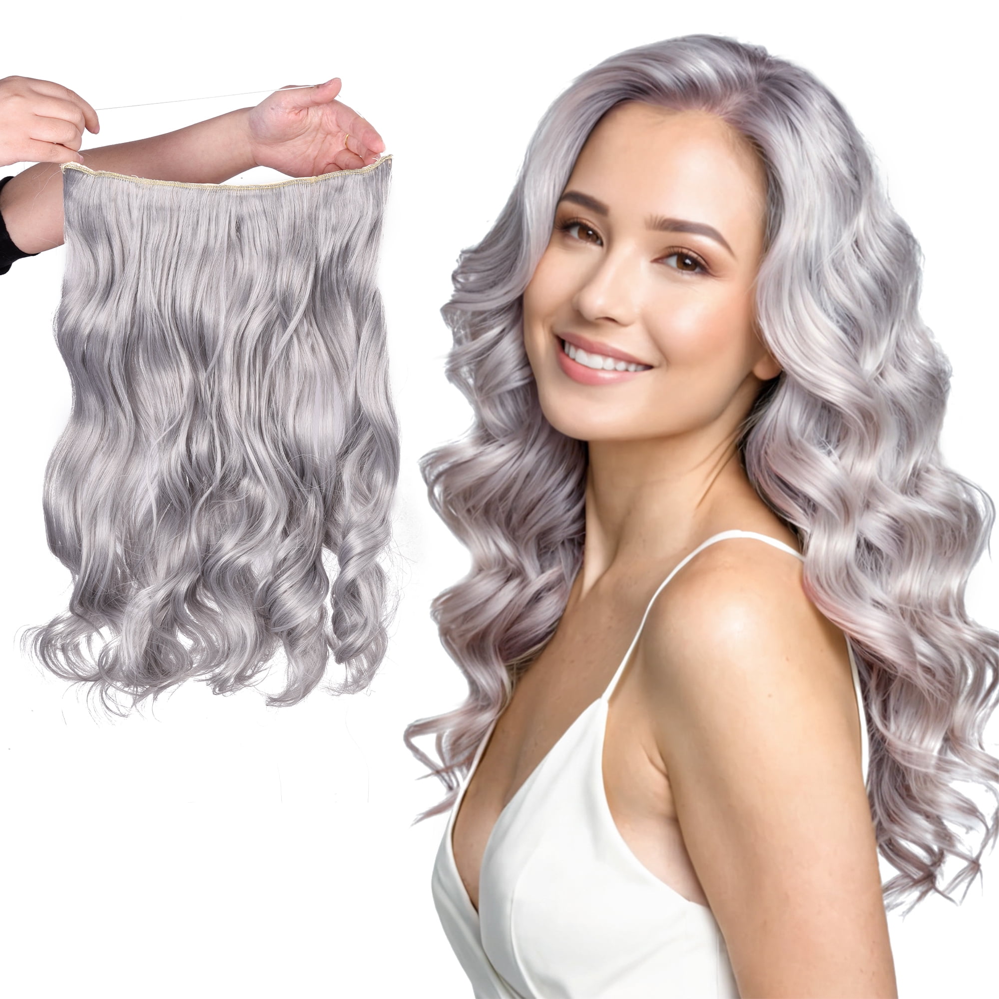 Silike 16" Fish Line Clip In Curly Hair Extensions 3 Piece Set (1 Large ...