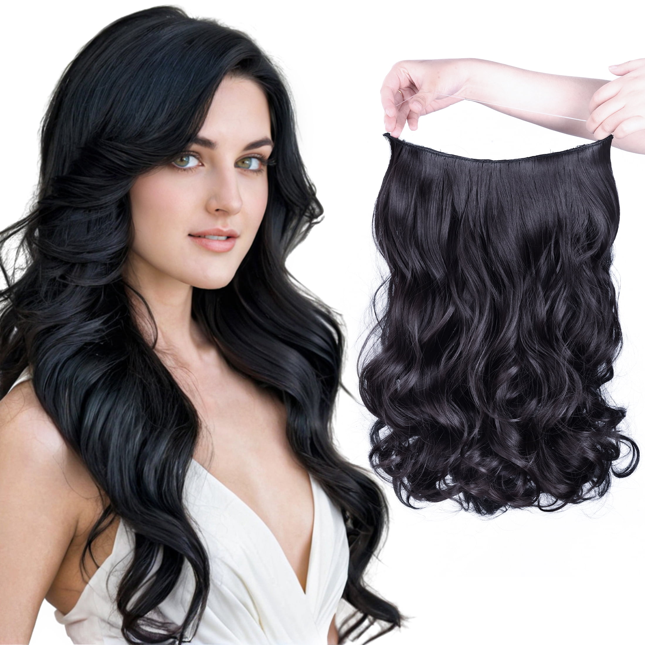 Silike 16" Fish Line Clip In Curly Hair Extensions 3 Piece Set (1 Large ...