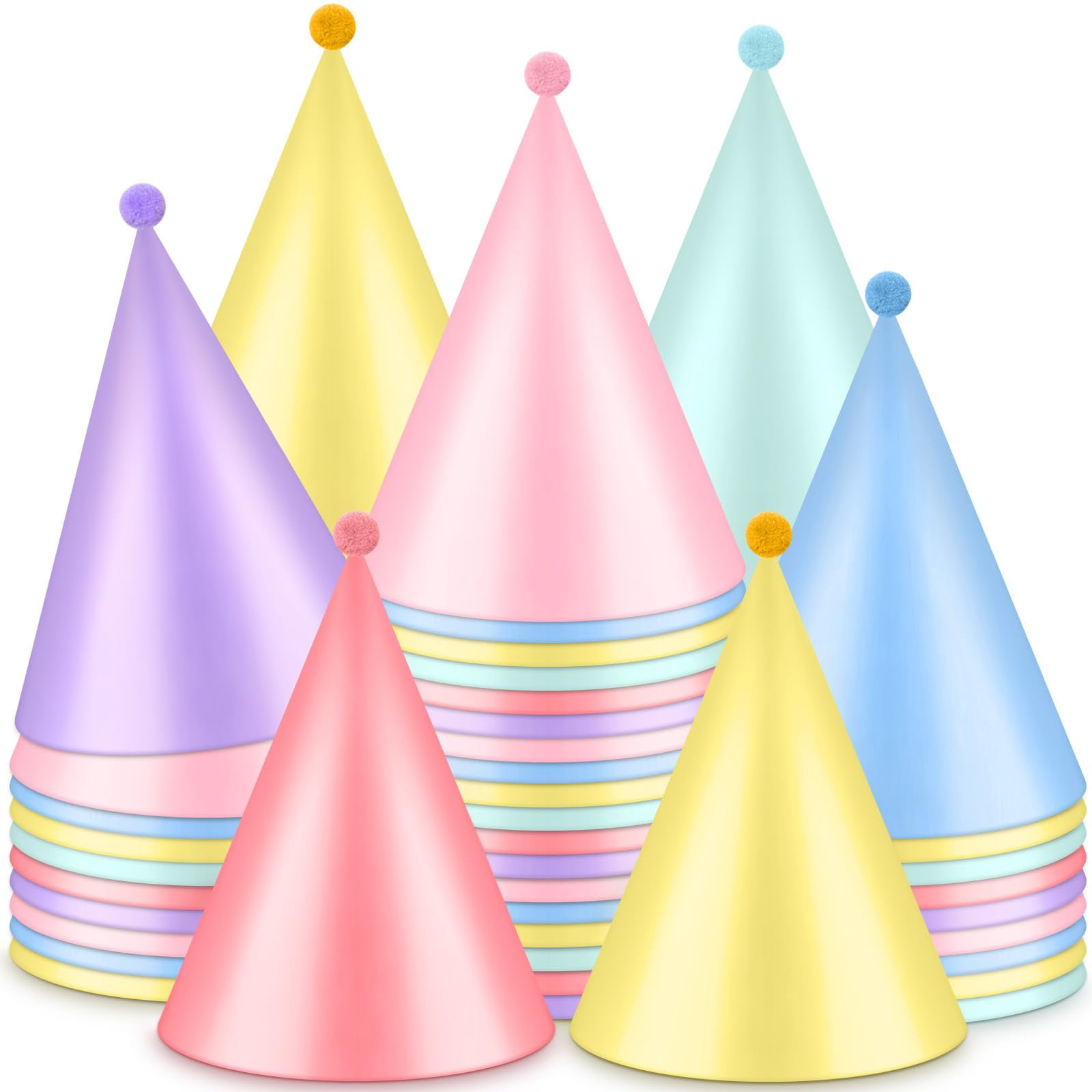 Silipull 60 Pcs Rainbow Party Hats with Pom Pom and Elastic Cord Pastel ...