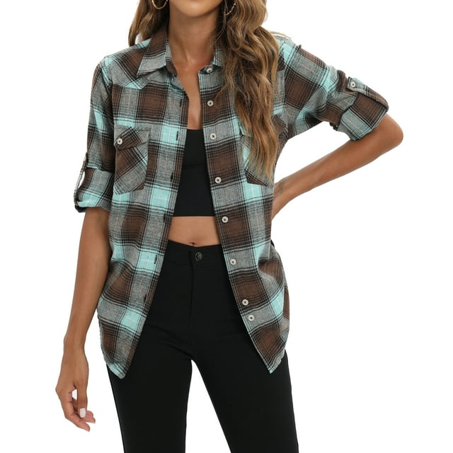 Siliteelo Long Sleeve Flannel Shirt For Women Classic Plaid Buffalo Cotton Shirts With Pockets